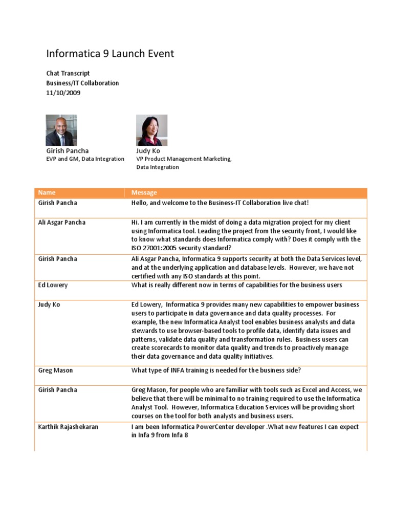 Business IT Collaboration Infa 9 Launch Chat Transcript | PDF | Data ...