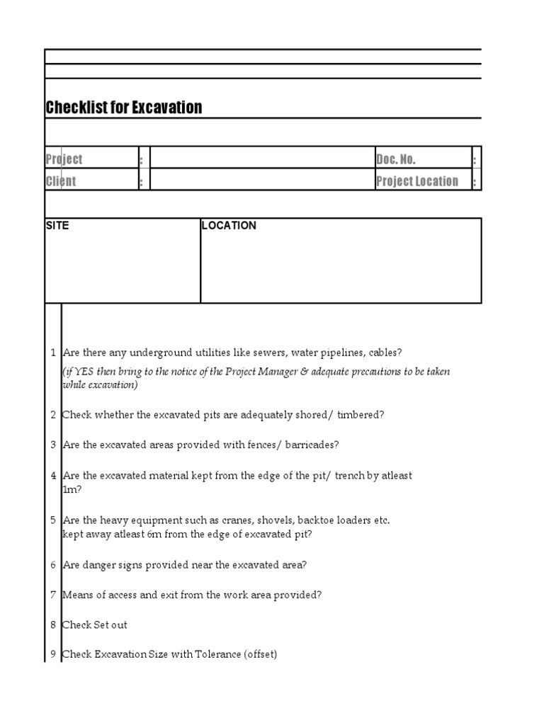 Excavation Safety Checklist Guide | PDF | Science & Mathematics