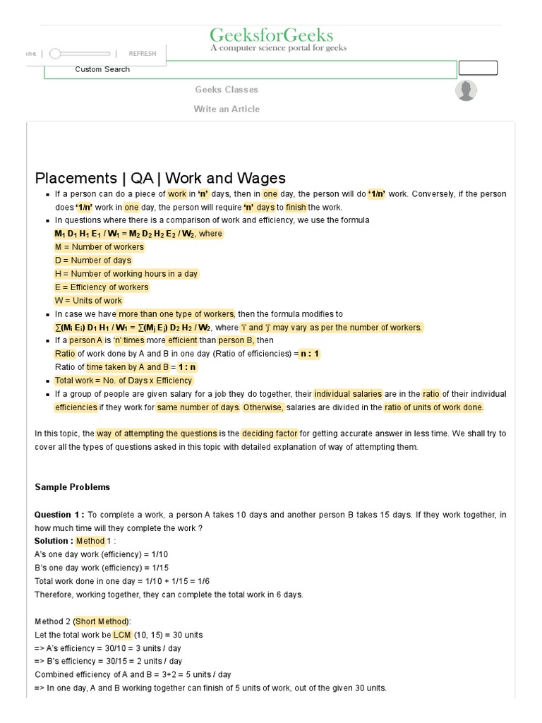 Work and Wages Efficiency Formula | PDF | Teaching Mathematics
