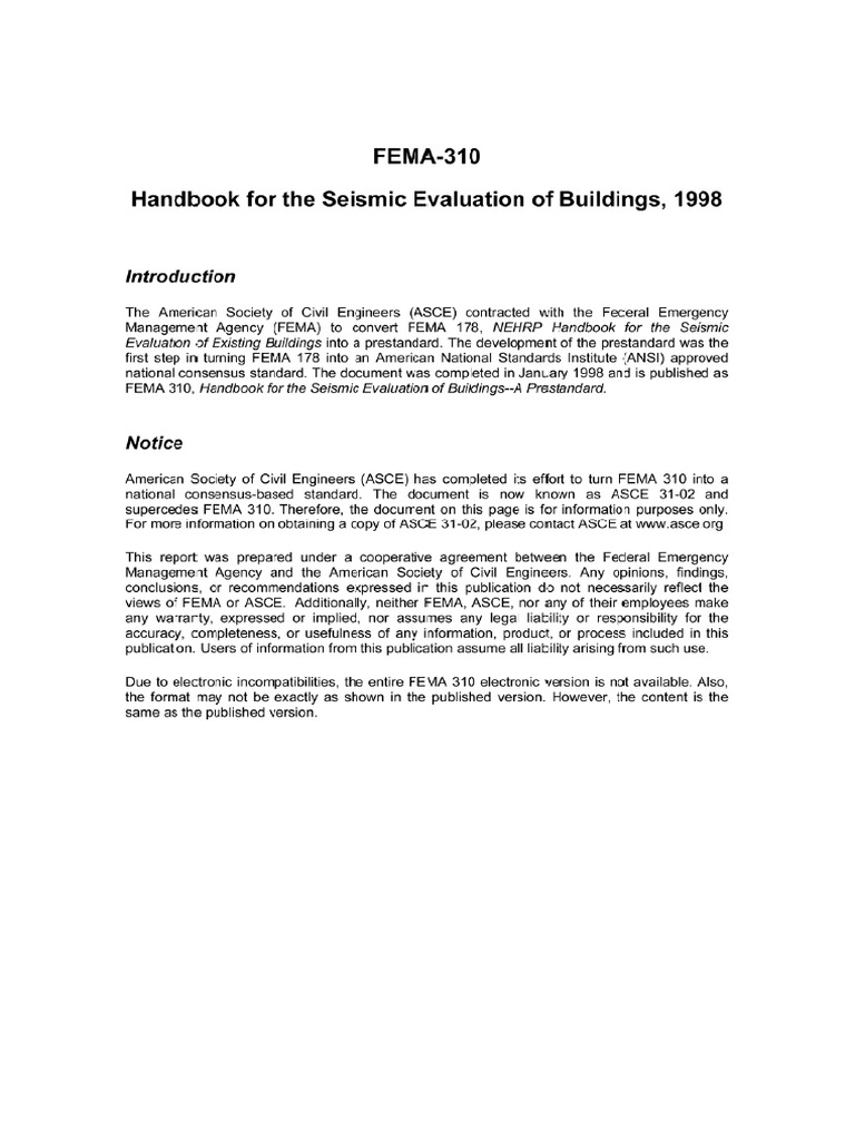 FEMA 310 Handbook For The Seismic Evaluation of Buildings 1998 | PDF
