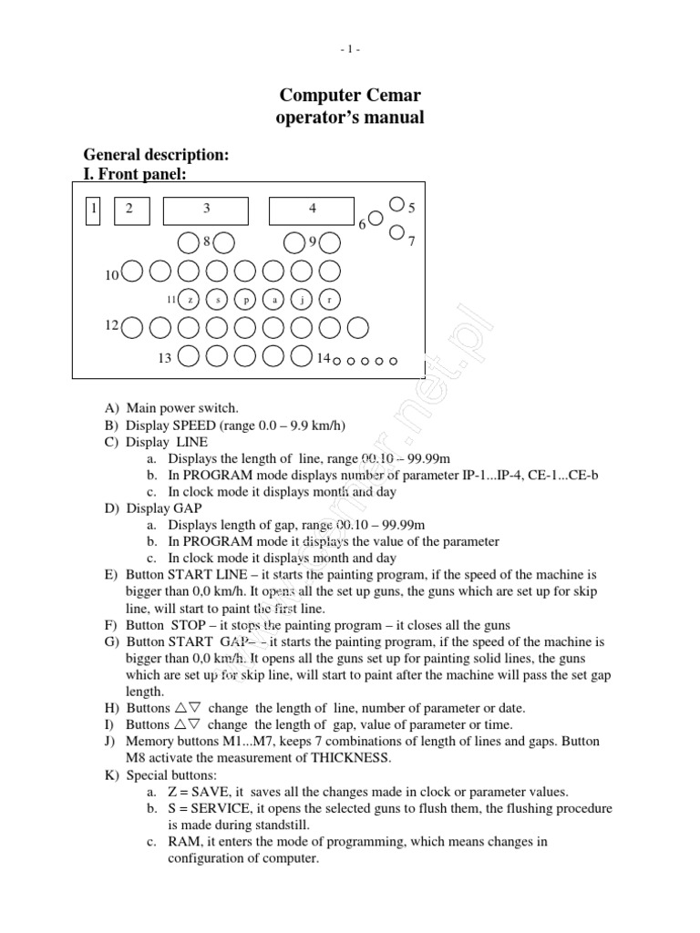 Computer Cemar Operator's Manual: General Description: I. Front Panel ...