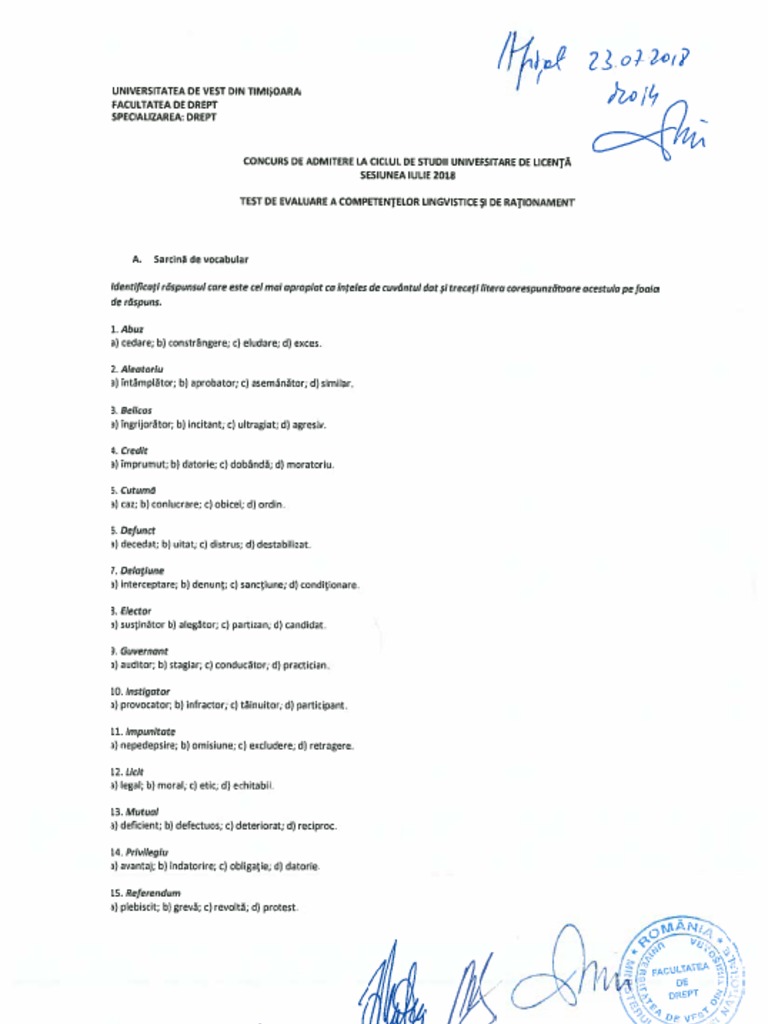 Test de Evaluare A Competentelor Lingvistice Si de Rationament 23.07. ...