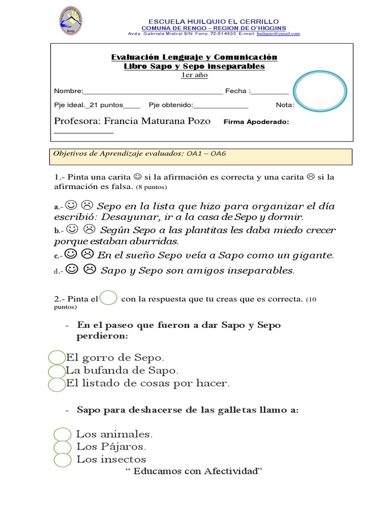 Prueba Sapo y Sepo Inseparables | PDF