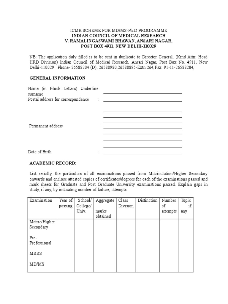 Icmr Talent Form | PDF | Doctor Of Medicine | Postgraduate Education