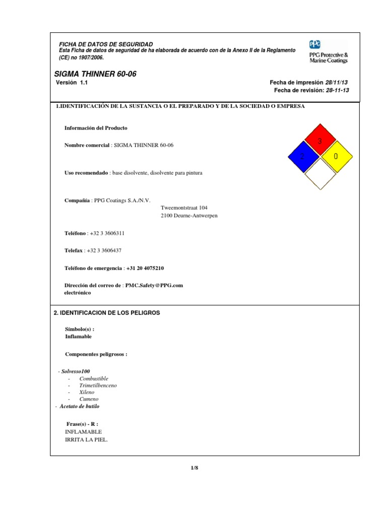 Msds Thinner 60-06 Sigma | Química | Productos quimicos