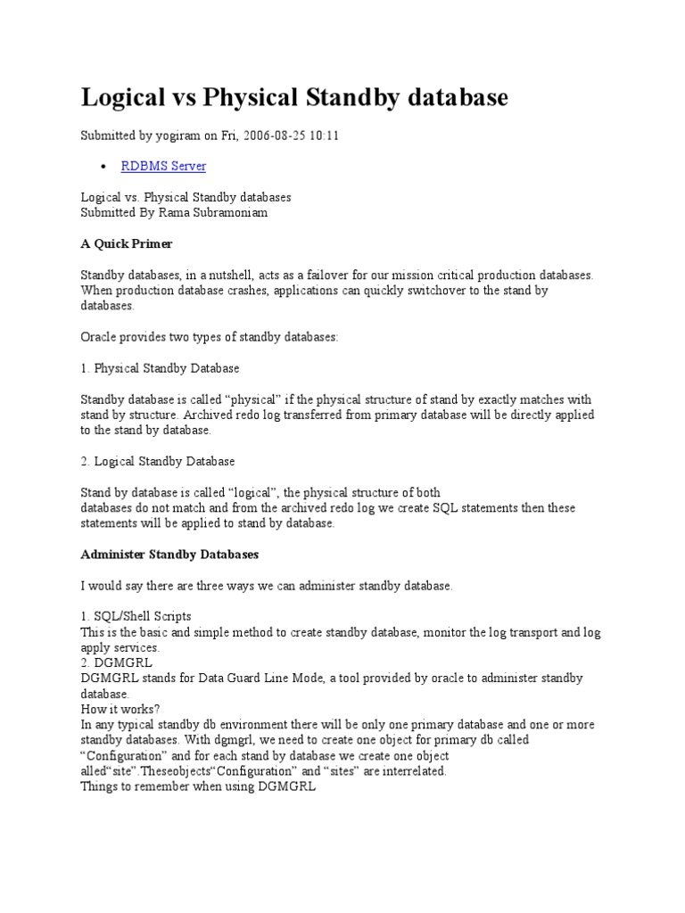 Logical Vs Physical Standby Database | PDF | Oracle Database | Databases