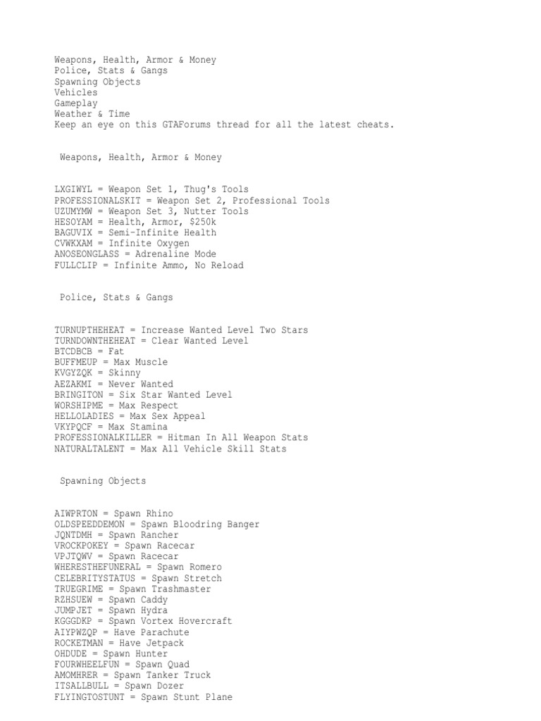 GTA San Andreas Cheat Codes2 | PDF | Leisure | Weaponry