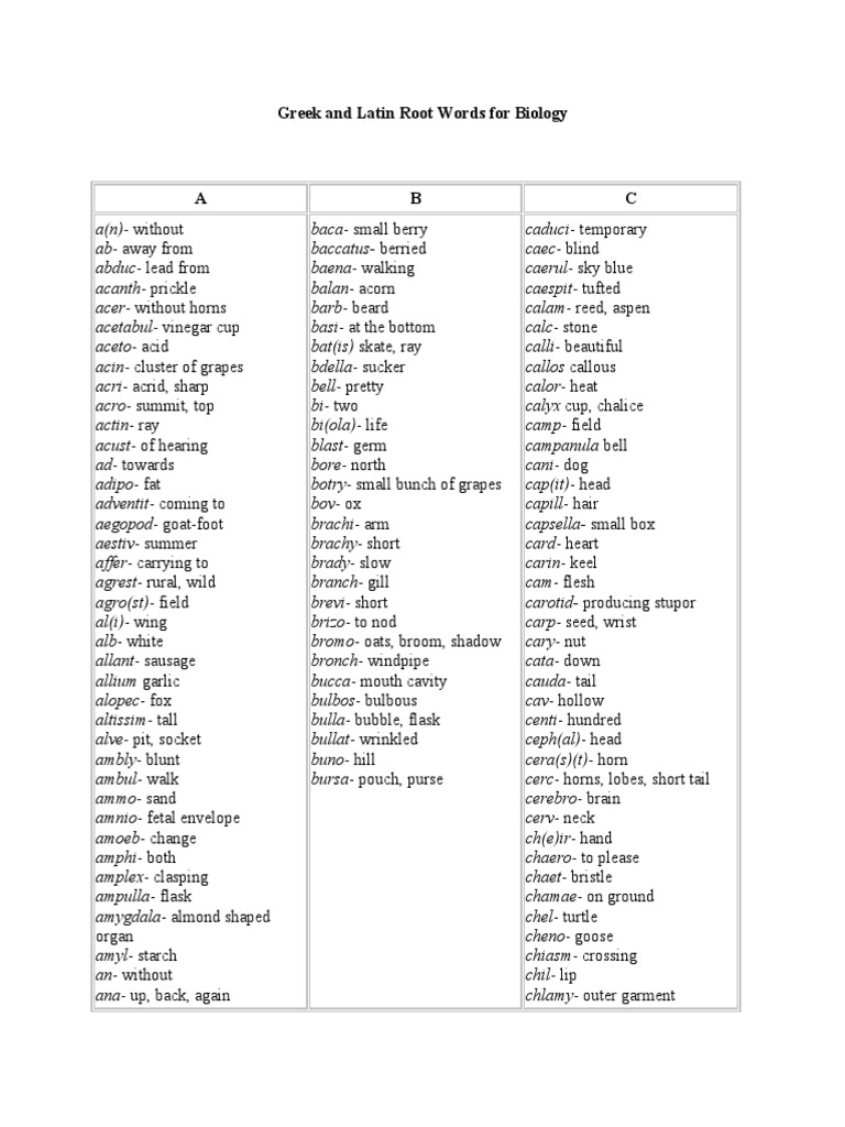 Greek and Latin Root Words For Biology | PDF | Nature