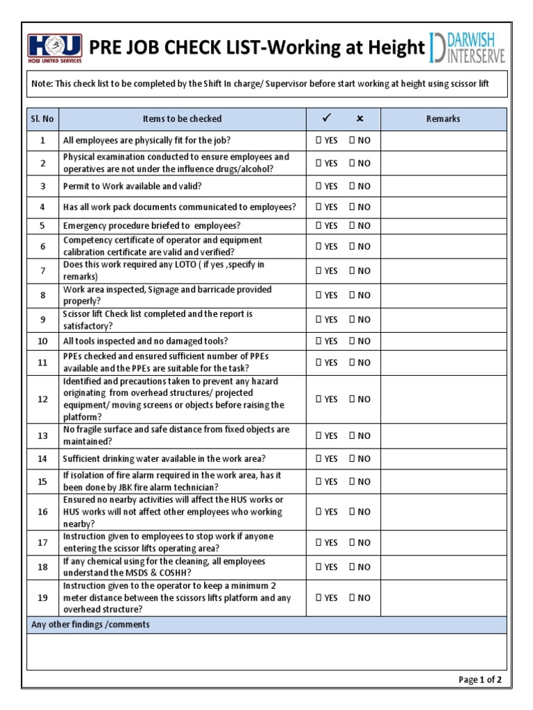 Pre Job Check List - Working at Height Using Scissor Lift | PDF ...