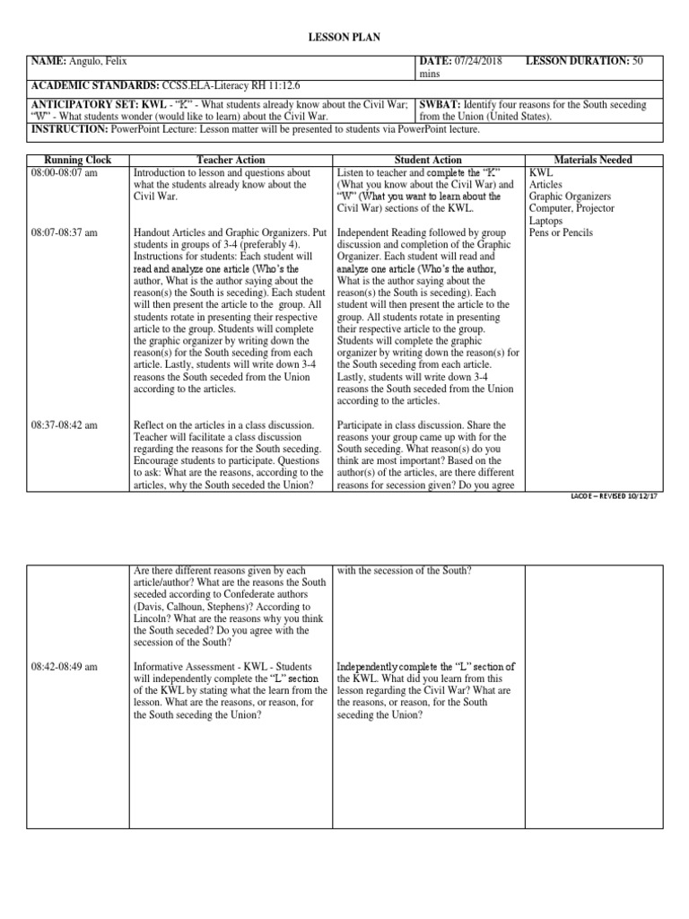 Lesson Plan Template | PDF | Secession | Secession In The United States