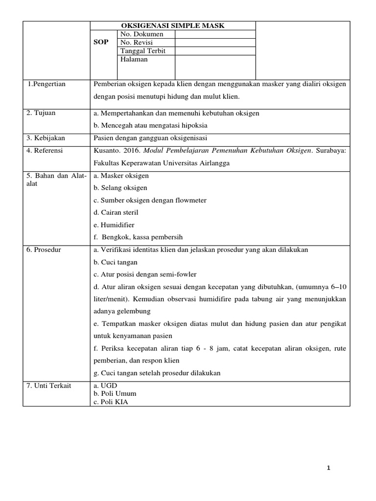 Sop Oksigenasi Simple Mask | PDF