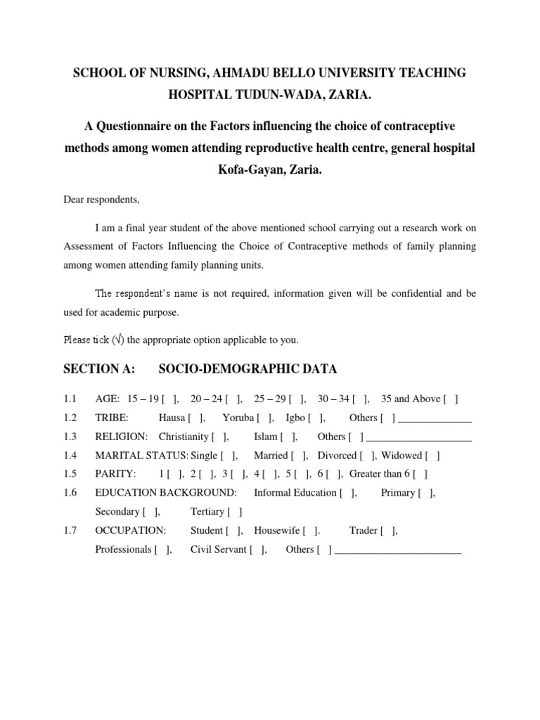 Contraceptive Questionnaire | PDF | Family Planning | Fertility