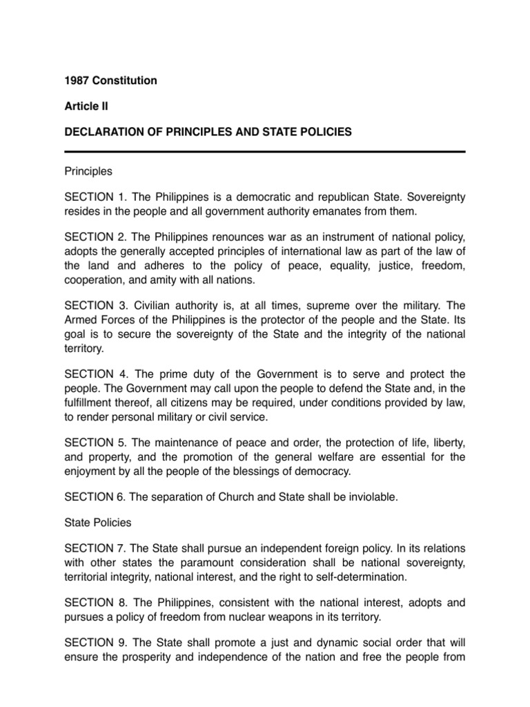 1987 Constitution Article II Declaration of Principles and State ...