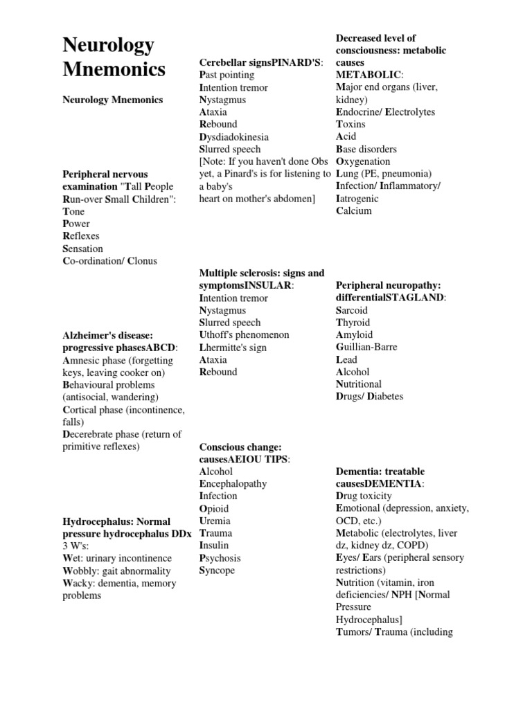 Neurology Mnemonics | PDF | Auditory System | Cerebellum