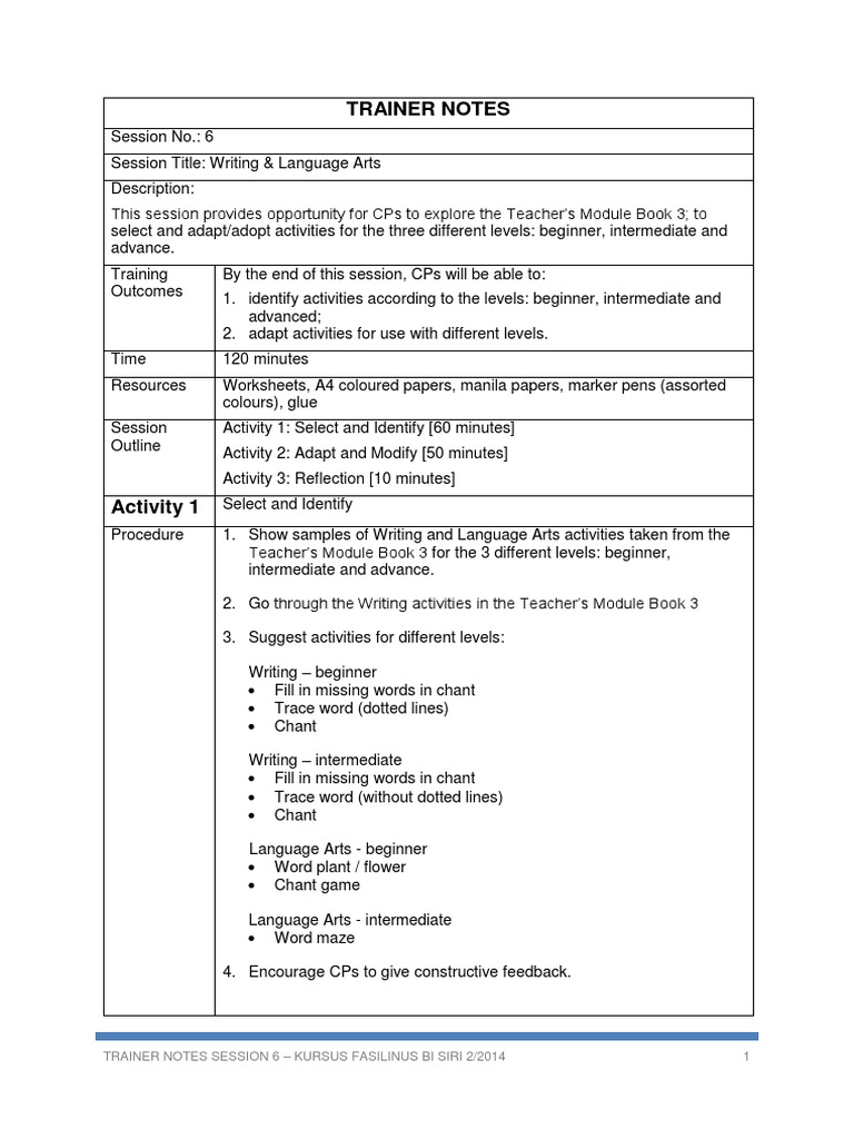 Session 6 Trainer Notes Writing & Language Arts | PDF | Teaching ...