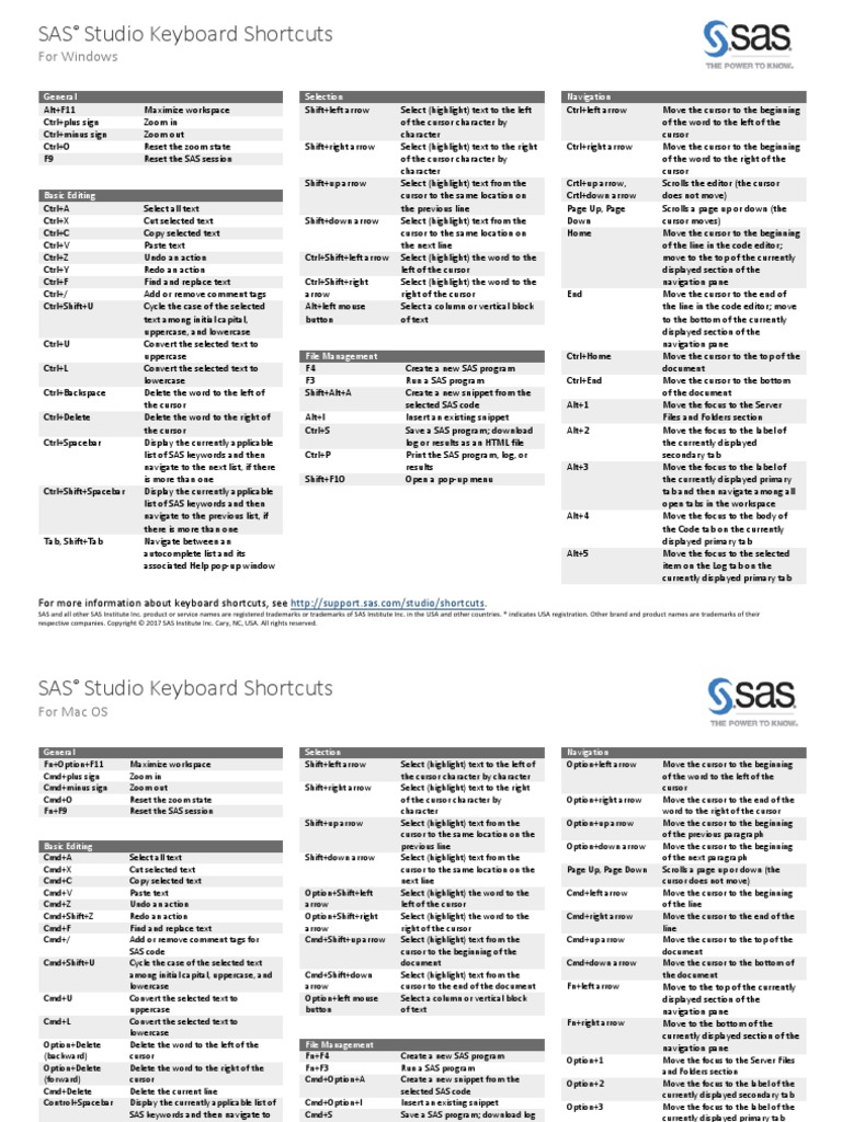 SAS Studio Keyboard Shortcuts: For Windows | PDF | Cursor (User ...