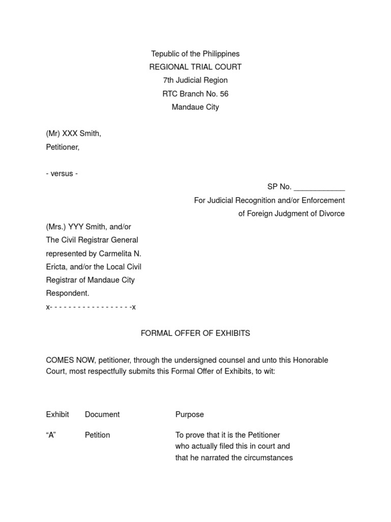 Formal Offer of Evidence Sample Form PDF | PDF | Judgment (Law) | Divorce