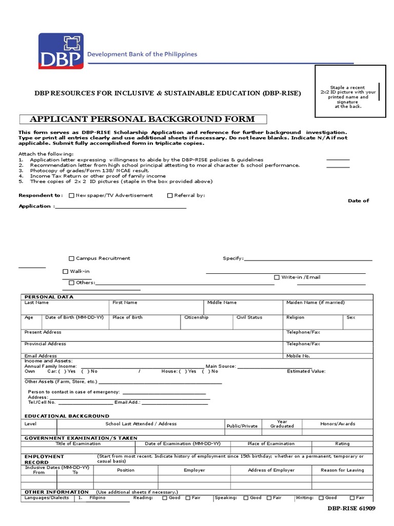 DBP RISE Application Form 2018 | PDF | Fax | Marriage