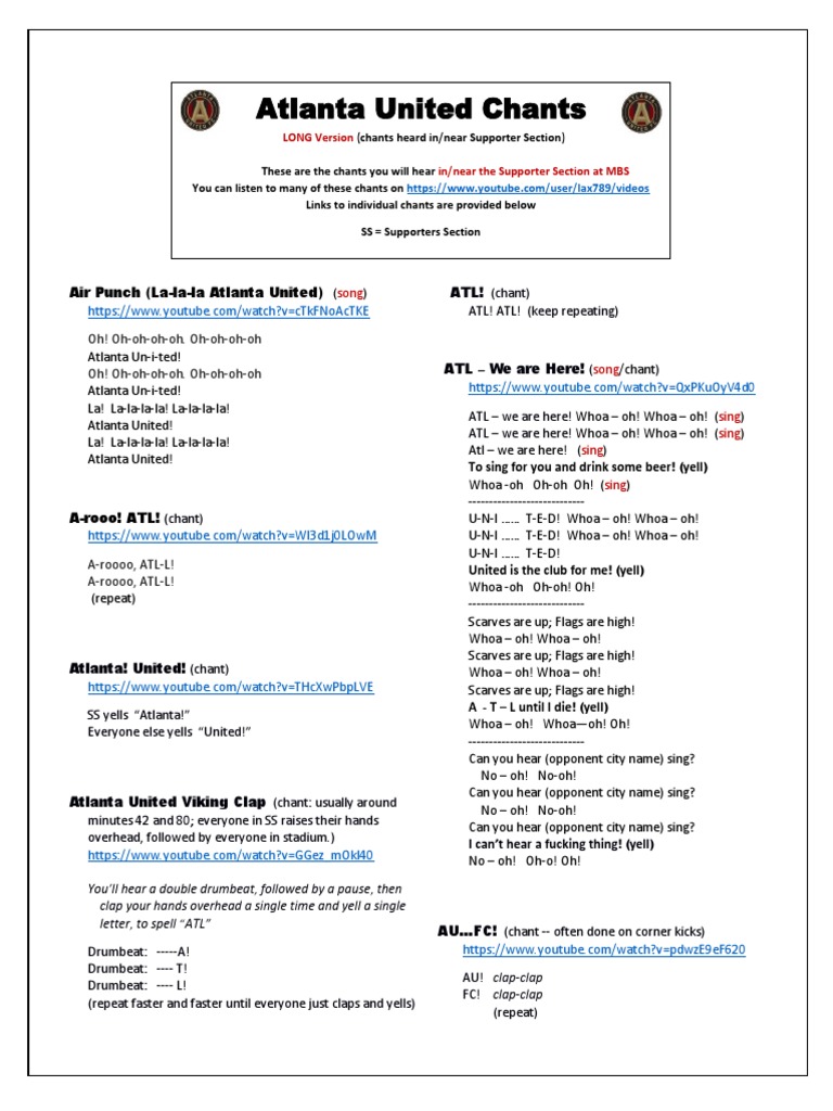 Atlanta United Chants - Long Version | PDF | Sports | Leisure