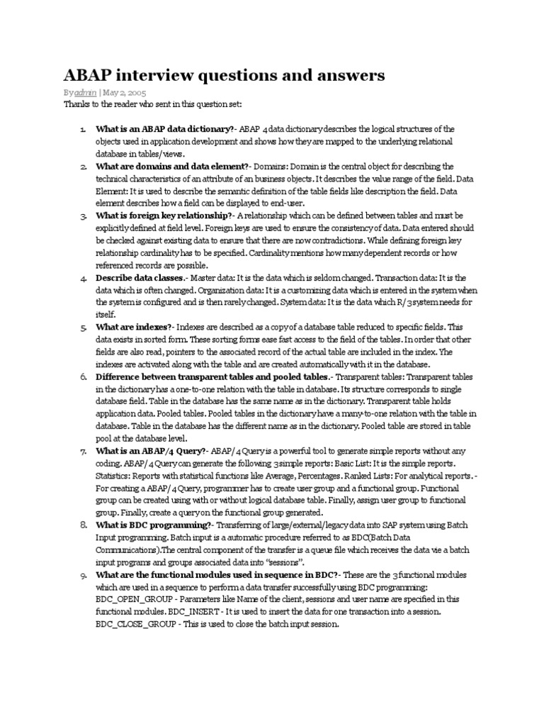 Abap Interview Questions And Answers By Admin May 2 2005 Pdf Databases Database Index 