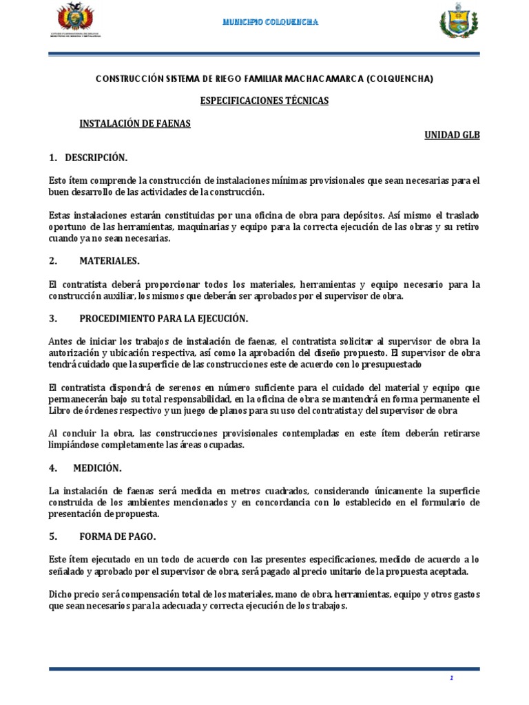 Especificaciones Técnicas Instalación de Faenas Unidad GLB 1. Descripción | PDF | Hormigón | Cemento