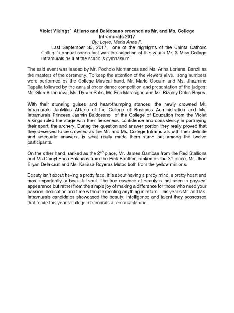 Violet Vikings' Atilano and Baldosano Crowned As Mr. and Ms. College ...