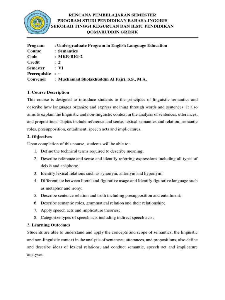 Syllabus Semantics | PDF | Semantics | Lexicon