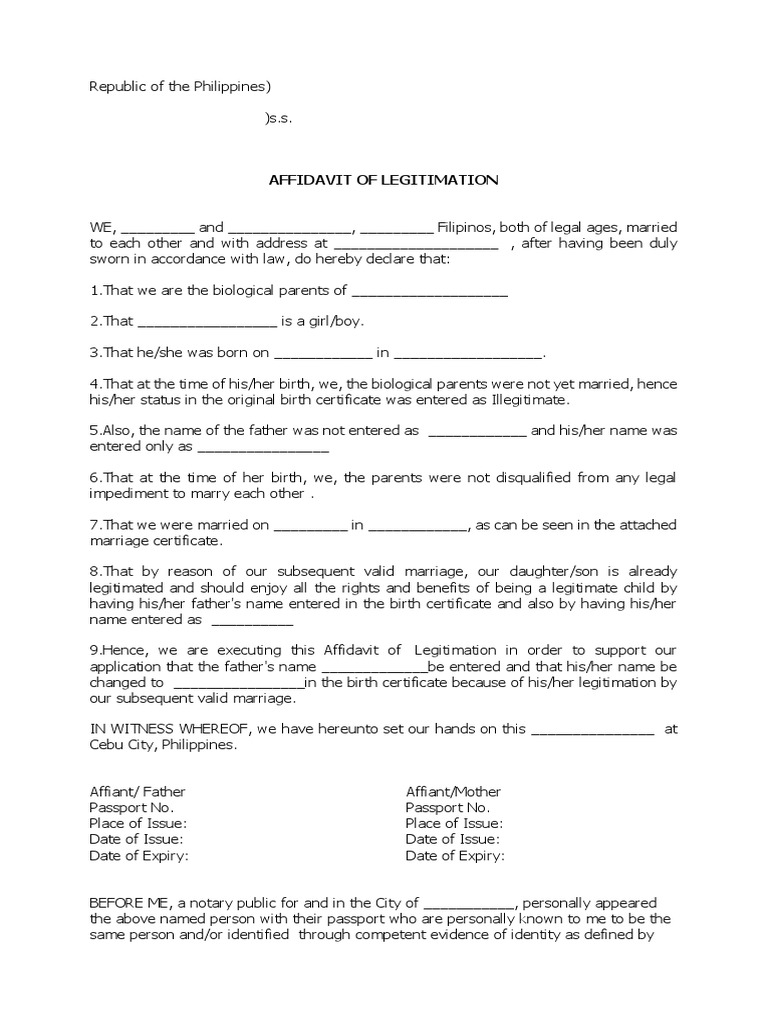 Affidavit of Legitimation | PDF | Affidavit | Birth Certificate