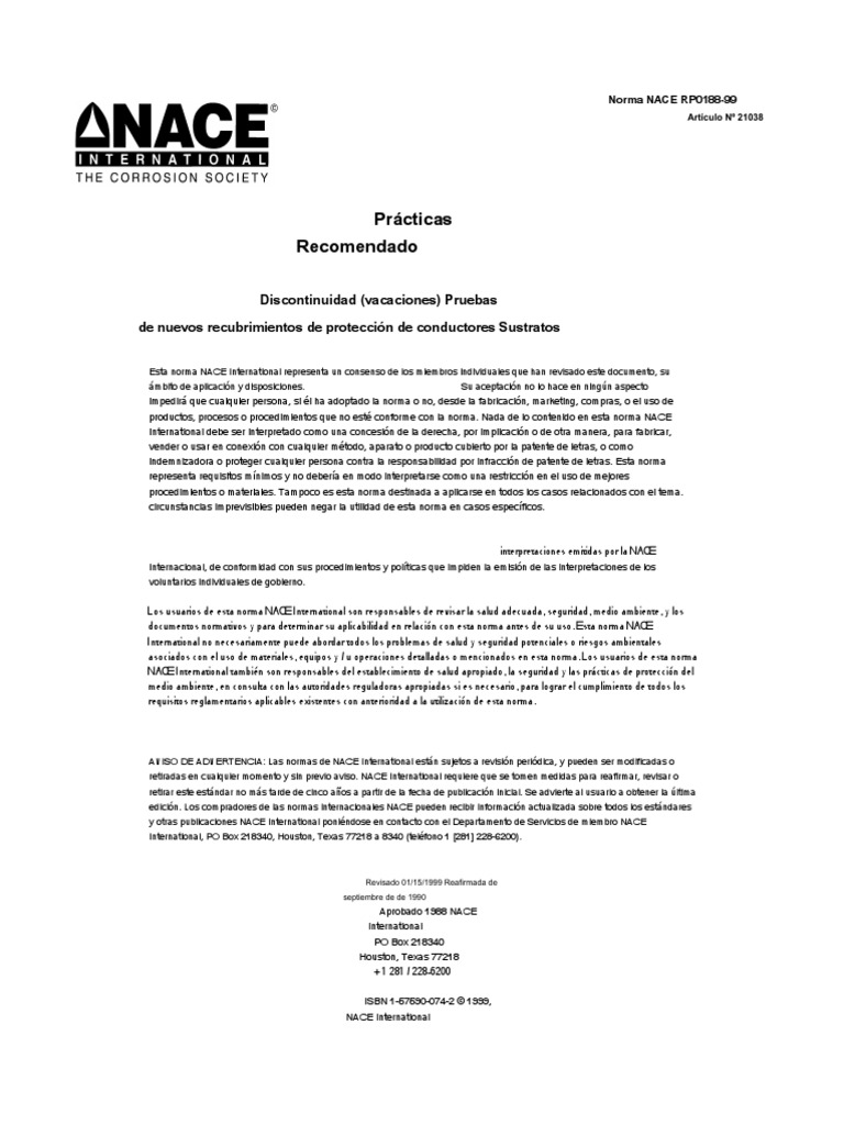 Nace RP 0188-99.en - Es | PDF | Revestimiento | Corriente eléctrica