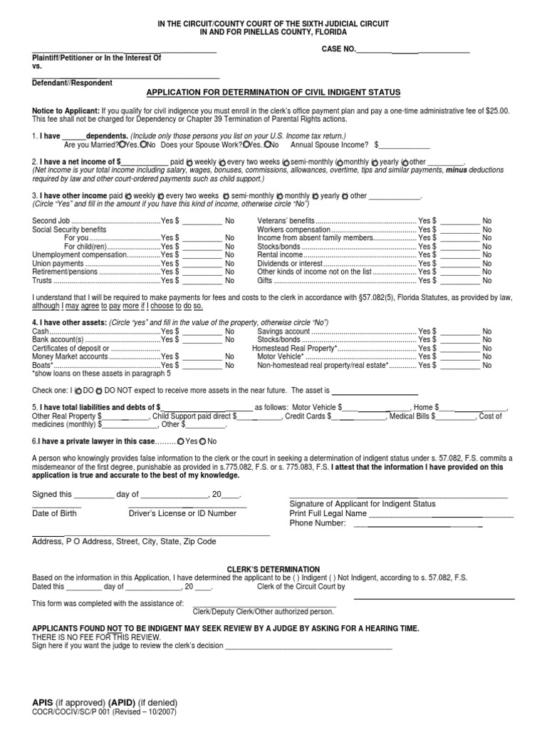 Application For Determination of Civil Indigent Status: APIS (If ...