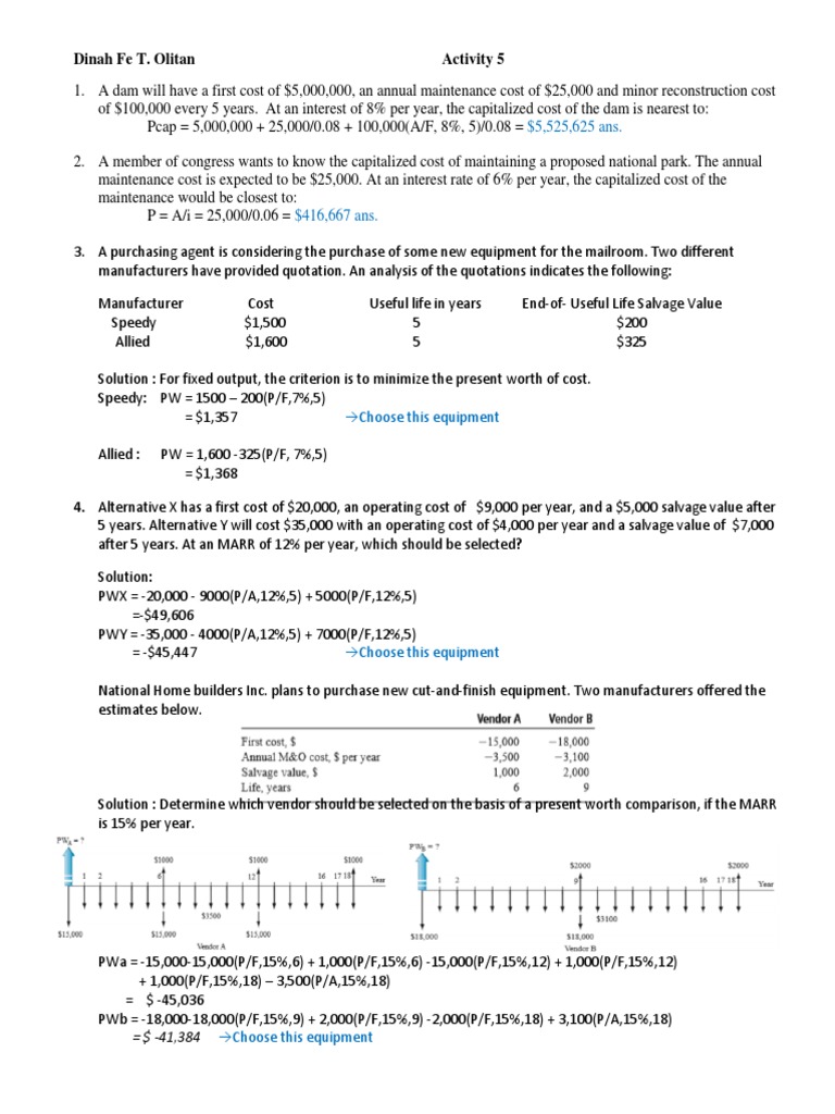 Dinah Fe T. Olitan Activity 5-7 Capital Budgeting Problems and Solutions | PDF | Interest ...