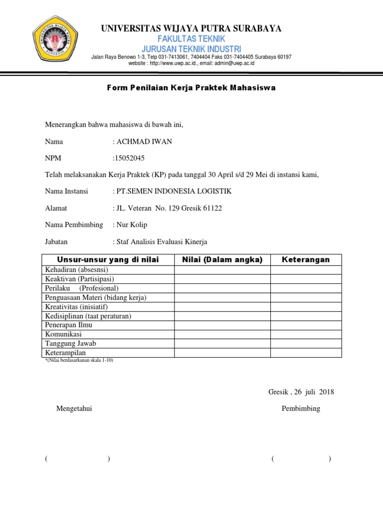 Form Penilaian Kerja Praktek Mahasiswa | PDF