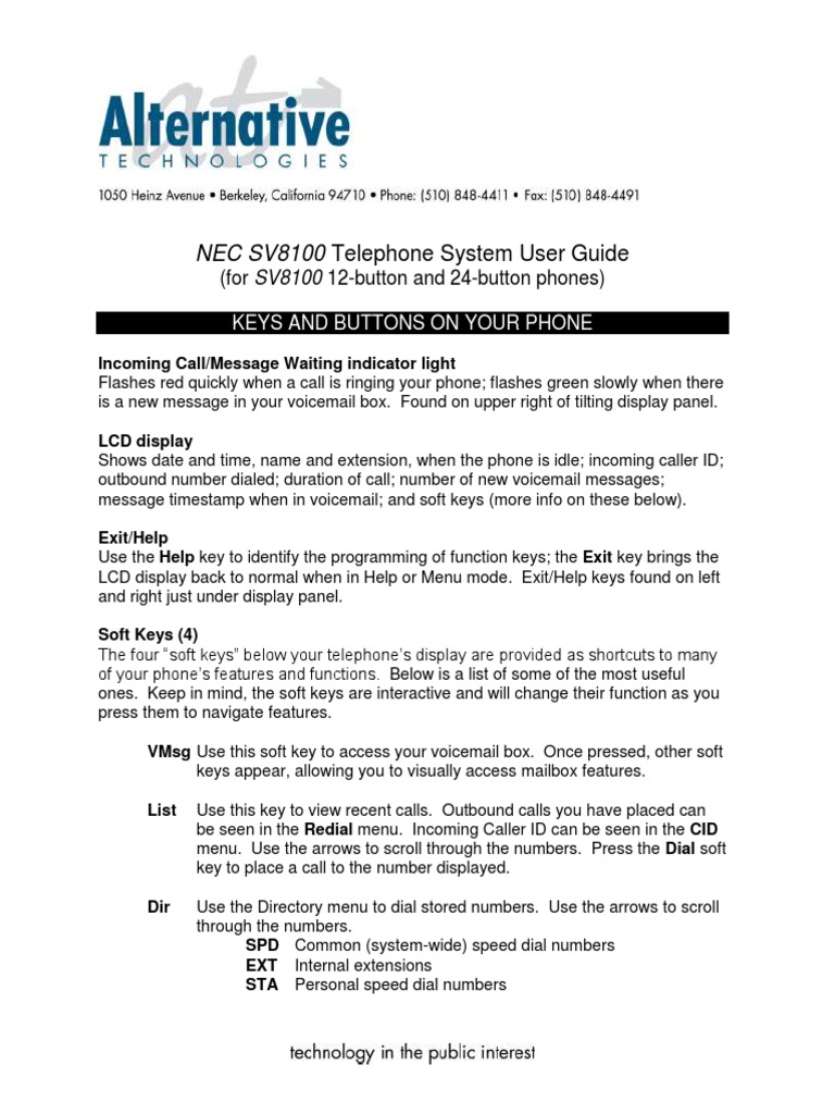 NEC SV8100 Telephone System User Guide: (For SV8100 12-Button and 24-Button Phones) | PDF ...