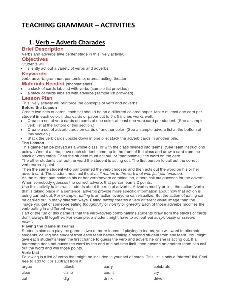 Teaching Grammar Activities - Note | PDF | Adverb | Verb