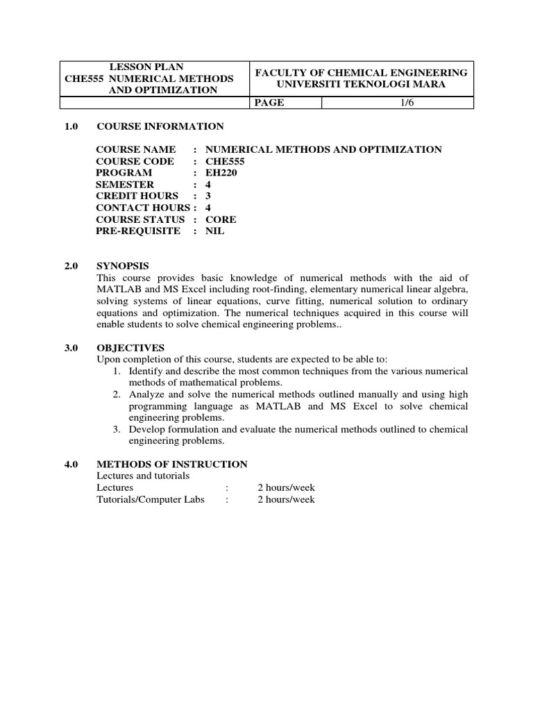 CHE555 Lesson Plan PDF | PDF | Numerical Analysis | Equations