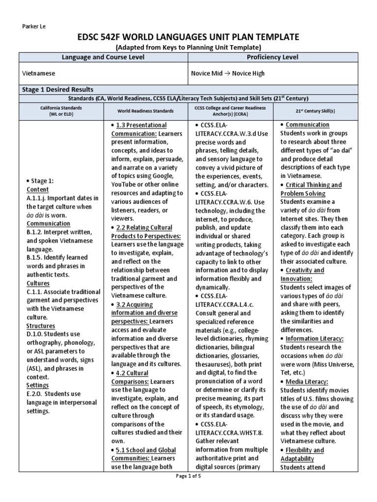 Edsc 542F World Languages Unit Plan Template | PDF | Communication ...