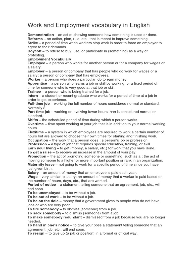 Work and Employment Vocabulary in English | PDF | Unemployment Benefits ...