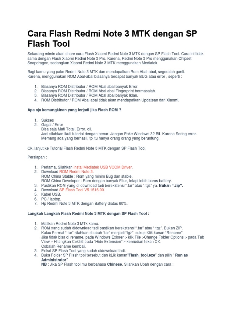 Cara Flash Redmi Note 3 MTK Dengan SP Flash Tool | PDF