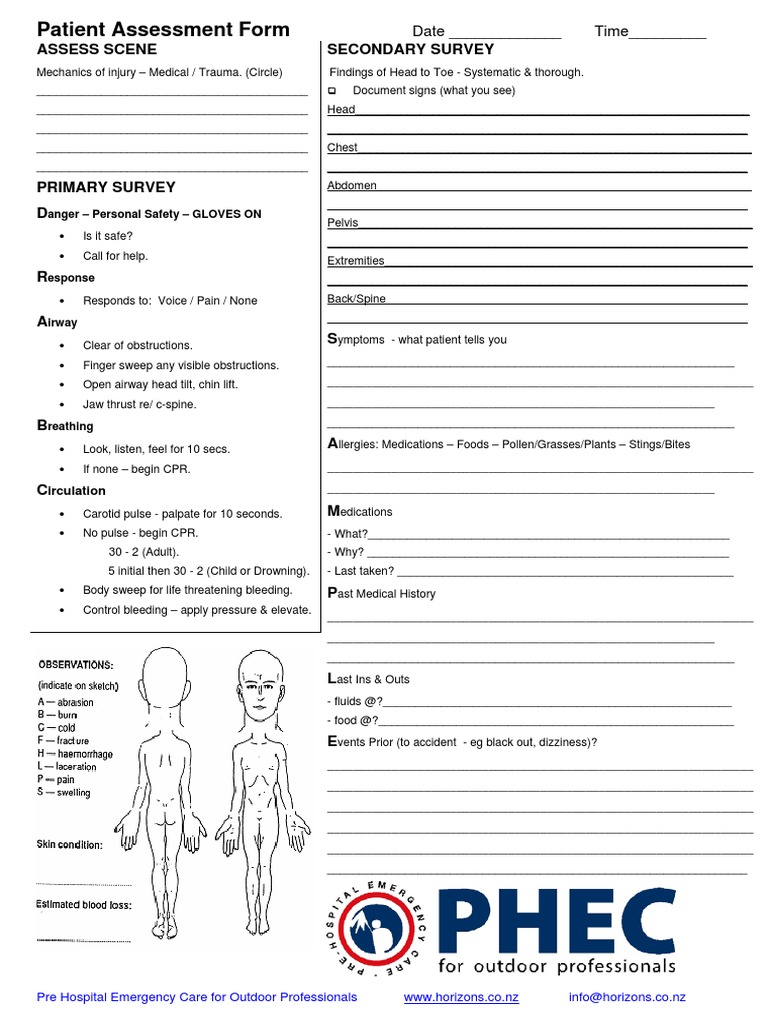 Patient Assessment Form: Assess Scene Secondary Survey | PDF | Pain ...