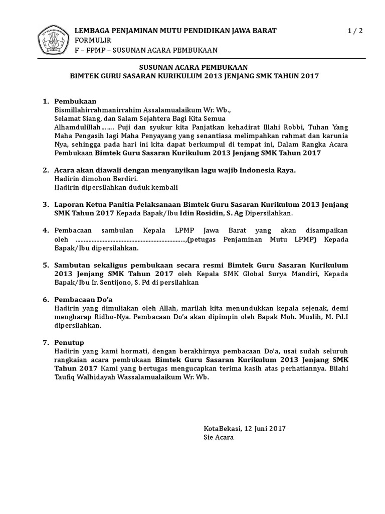 Susunan Acara Pembukaan Bimtek Kurikulum 2013 – Beinyu.com