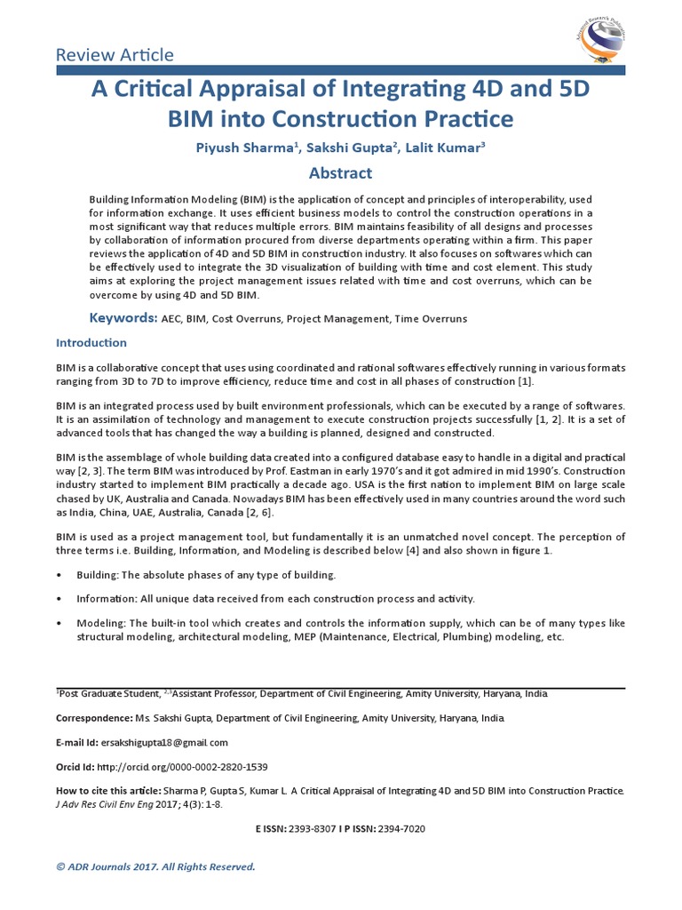 A Critical Appraisal of Integrating 4D and 5D BIM Into Construction ...