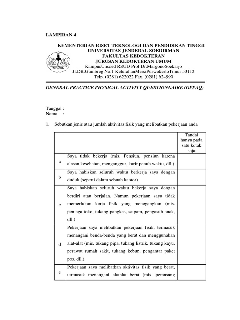 Kuesioner Aktivitas Fisik GPPAQ | PDF