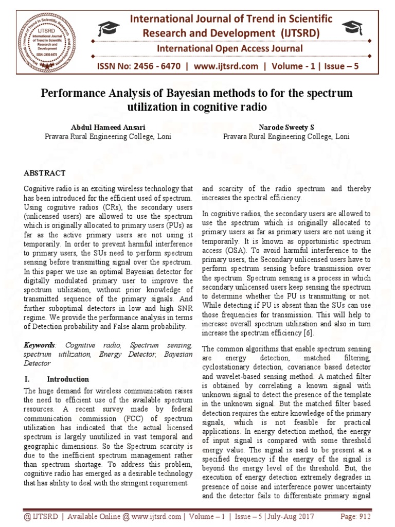 Performance Analysis Of Bayesian Methods To For The Spectrum Utilization In Cognitive Radio 