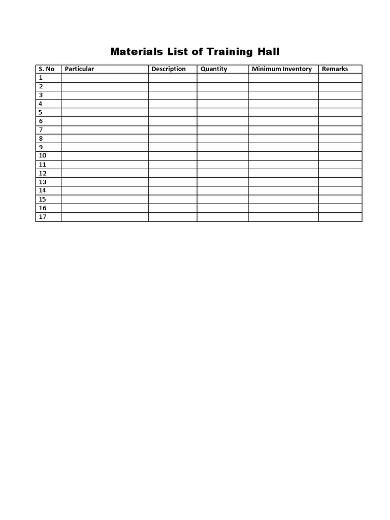 Training Hall Materials Inventory | PDF