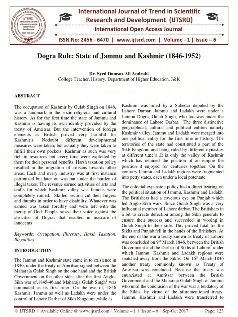 Dogra Rule in Jammu and Kashmir (1846-1952) | PDF | Kashmir | Sikhism