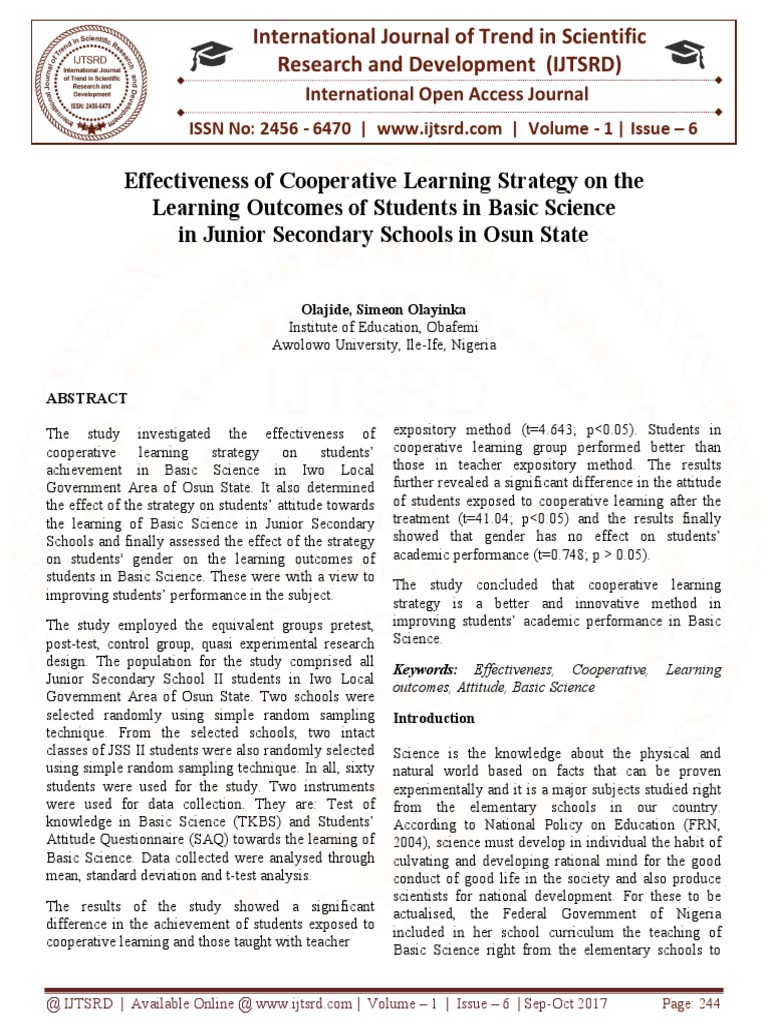 Effectiveness of Cooperative Learning Strategy On The Learning Outcomes ...