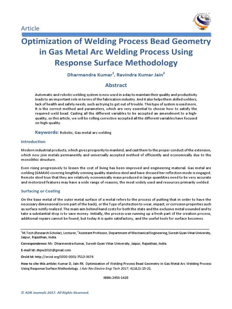 Optimization of Welding Process Bead Geometry in Gas Metal Arc Welding Process Using Response ...