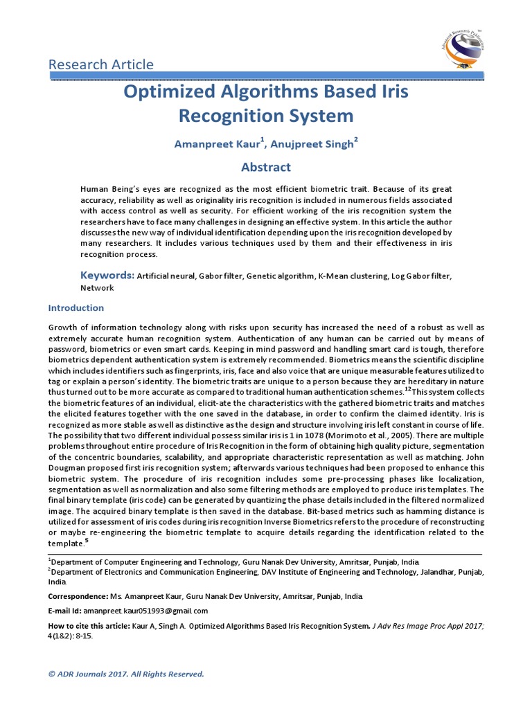 Optimized Algorithms Based Iris Recognition System Pdf Biometrics Artificial Neural Network