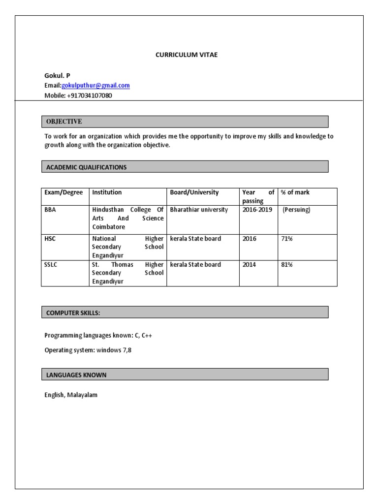 Curriculum Vitae Gokul. P: Academic Qualifications | PDF