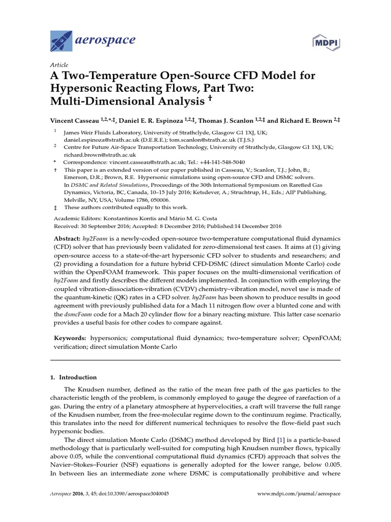 Aerospace: A Two-Temperature Open-Source CFD Model For Hypersonic Reacting Flows, Part Two ...